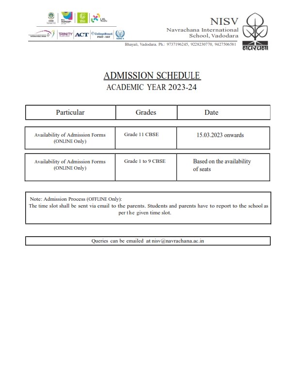 Admission Schedule – Navrachana International School CBSE