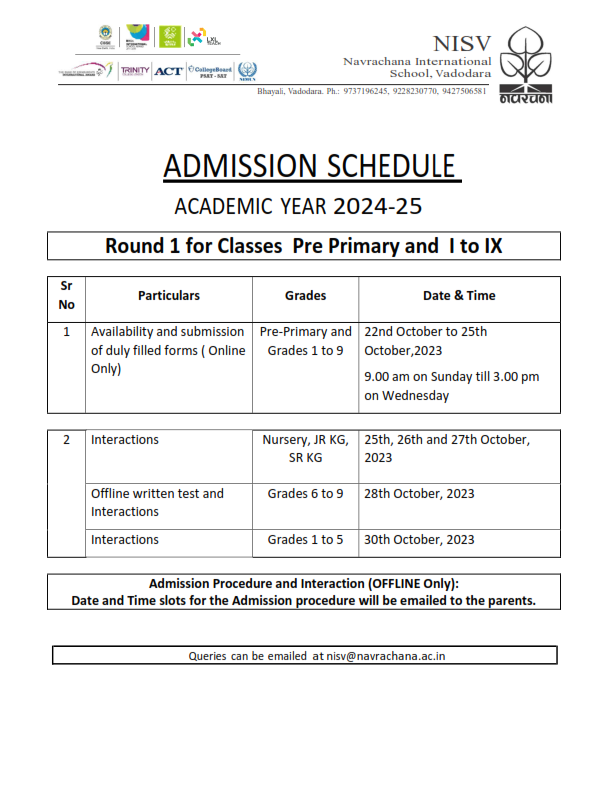 Admission Schedule – Navrachana International School CBSE